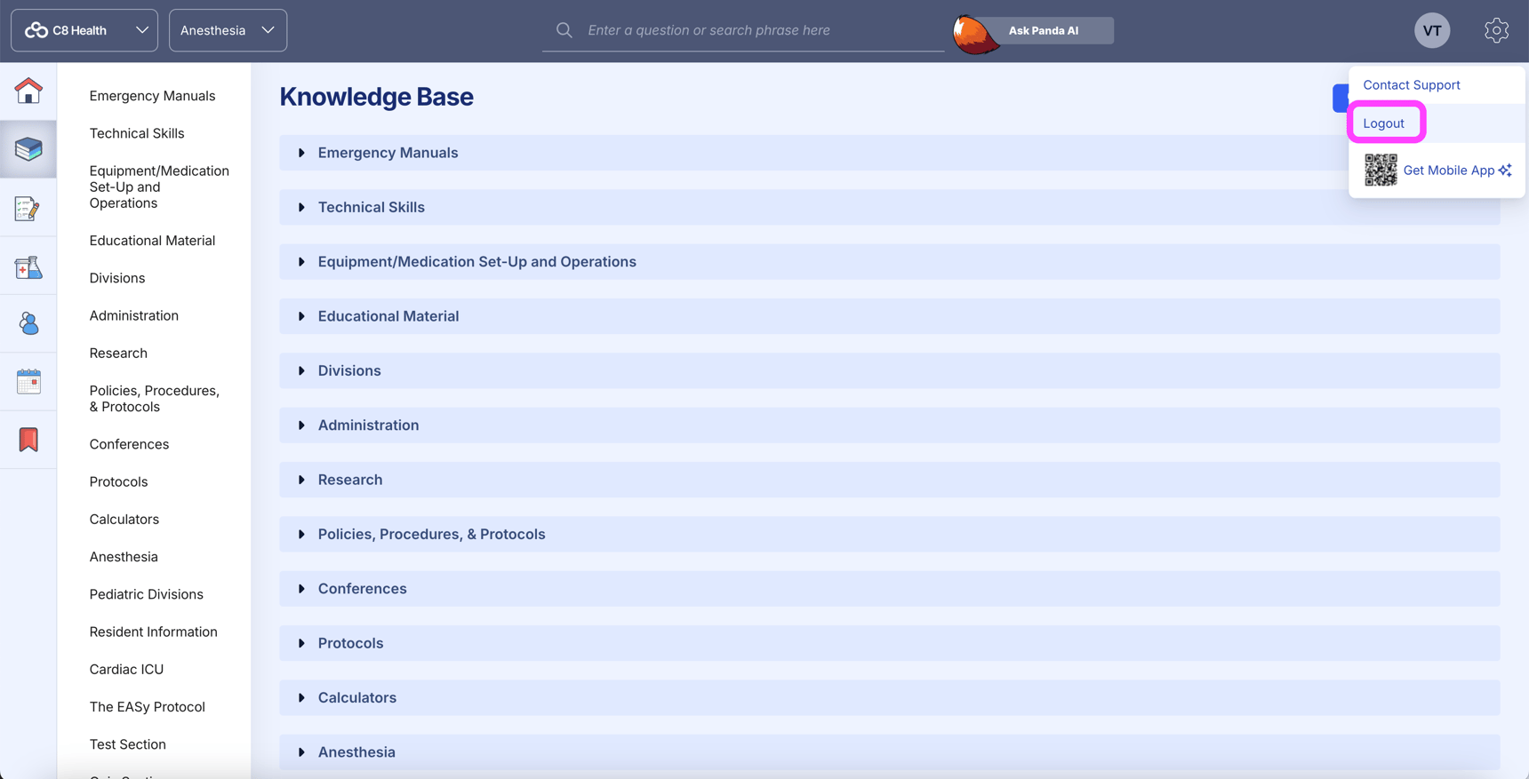 Logging out of C8 Health